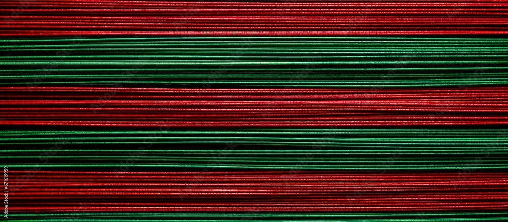 Red and green paper raffia strips are arranged in parallel lines as a ...