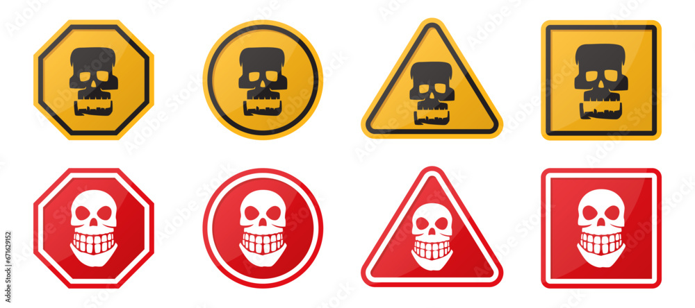 Warning sign collection with skull icon. Set of caution symbol with ...