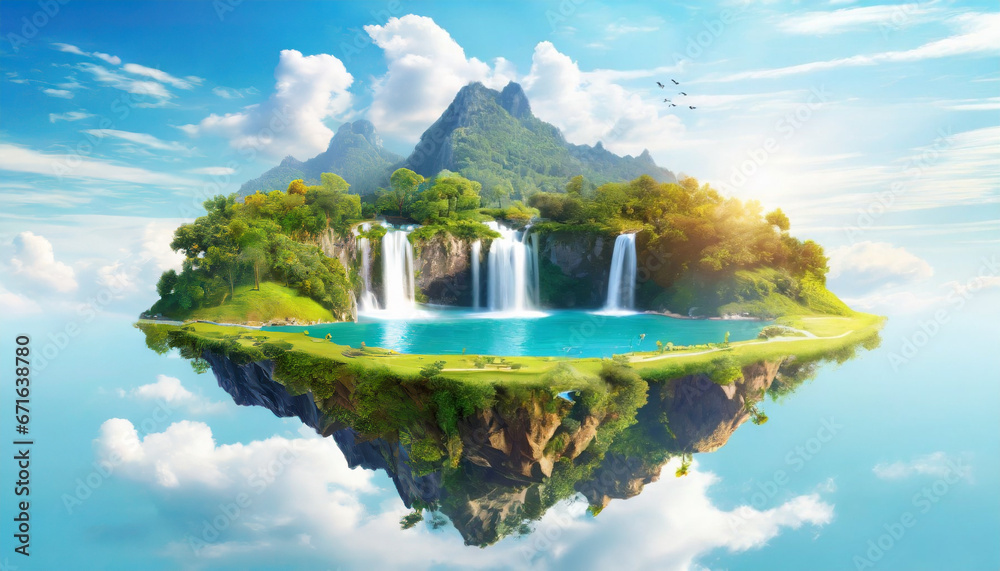 3d landscape with green grass surface, waterfall and trees, mountains ...