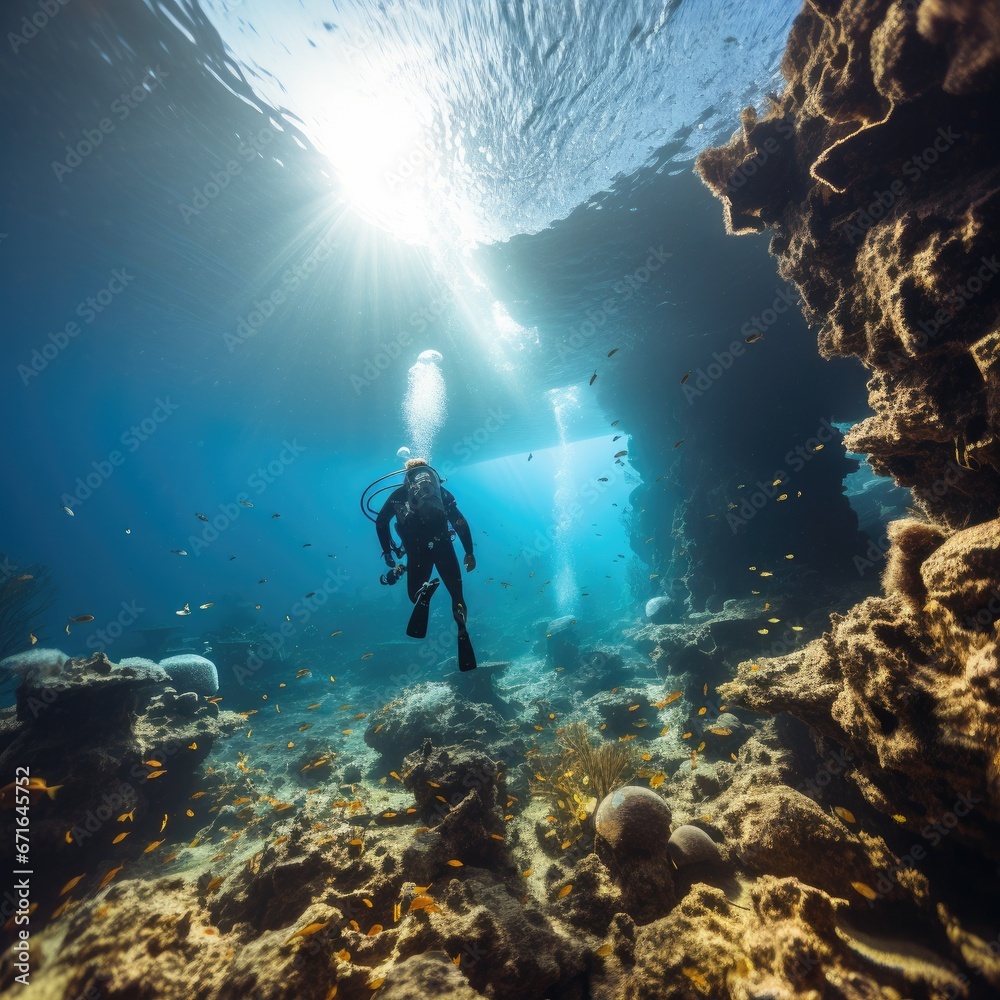Diver diving in the ocean sea with dive gear and suite looking at the ...