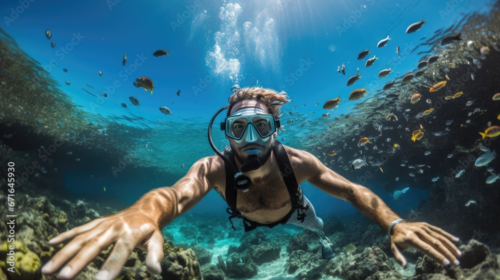Male swimmer Snorkeling in the ocean sea with swim gear and looking at ...