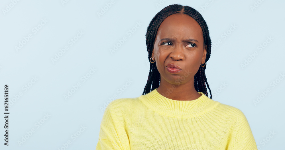 Confused woman, face and thinking in studio of choice, remember why or ...