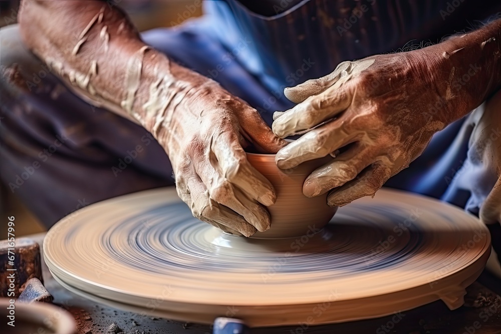 craftsman hands shaping pottery on spinning wheel, detailed view of ...