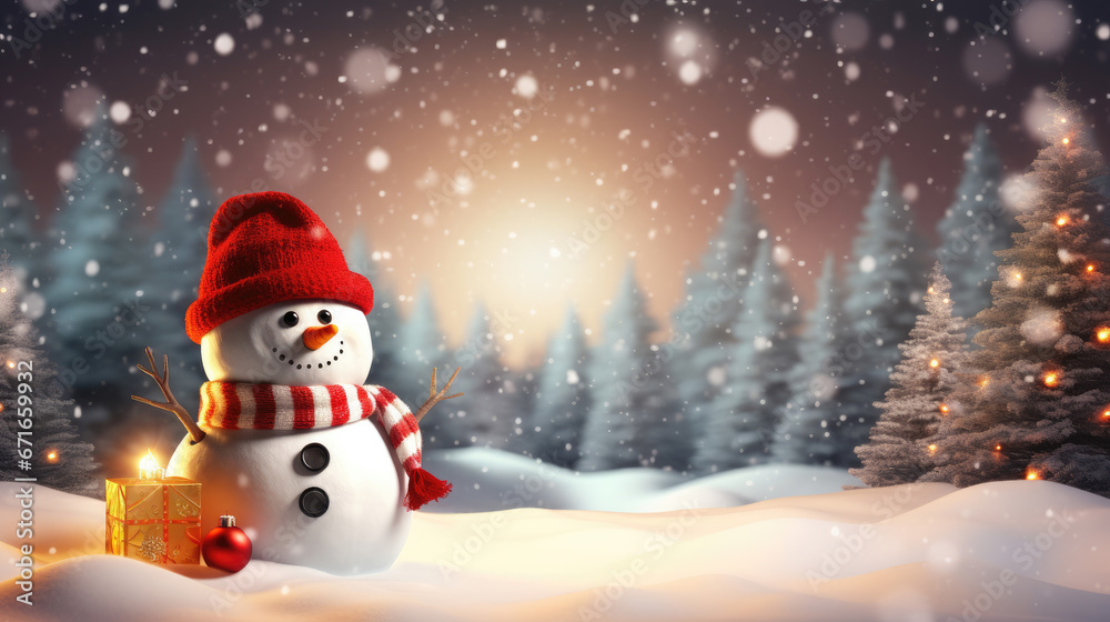 Vibrant snowman in snowy pines during twilight flurry Stock ...