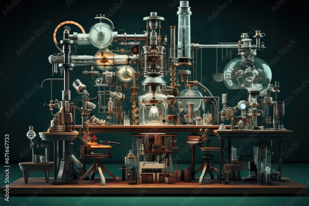 Laboratory equipment on a dark green background, 3d rendering, Research ...