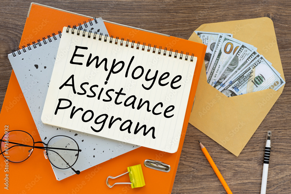 EAP symbol. top view of text on notepad and money bills in envelope ...