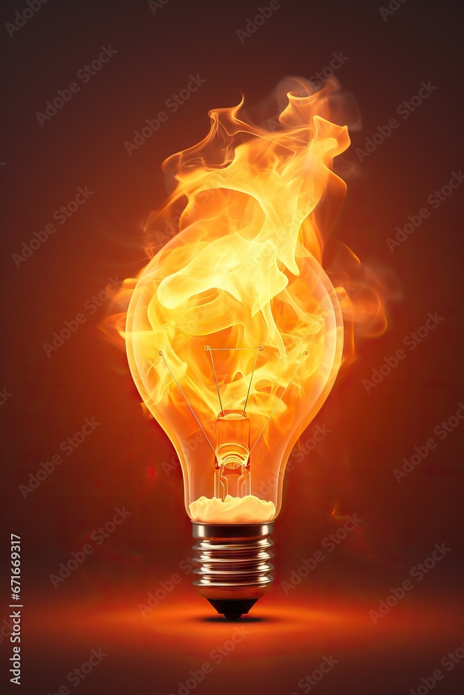 Electric bulb in fire flames on black background. Bright flamy symbol ...