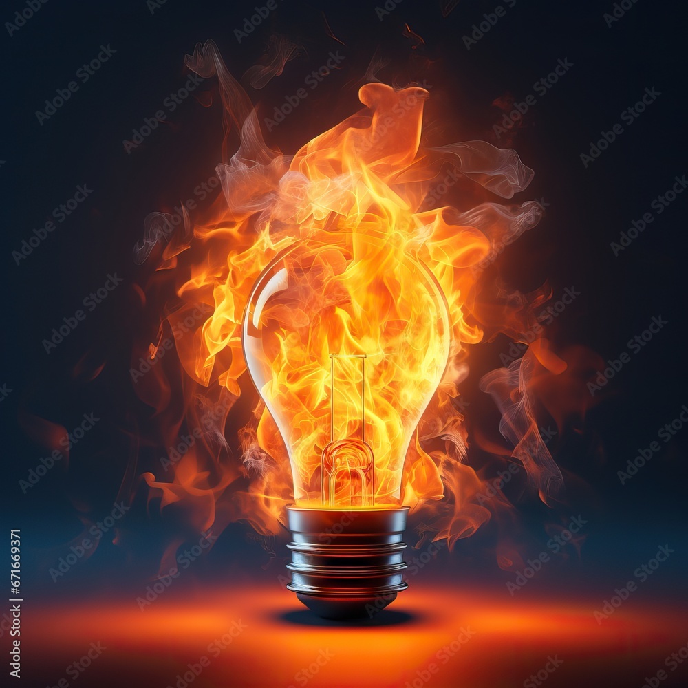 Electric bulb in fire flames on black background. Bright flamy symbol ...