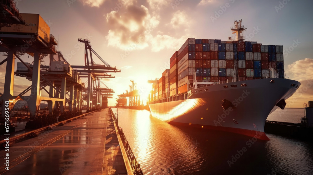Container ship carrying container boxes import export dock with quay ...