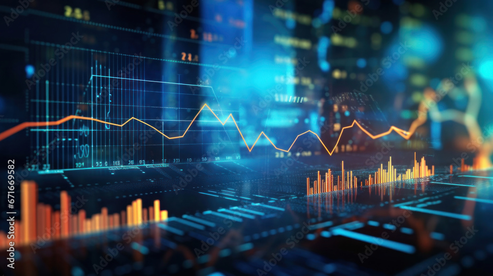 Financial charts of stock market lines over dark background. Digital ...