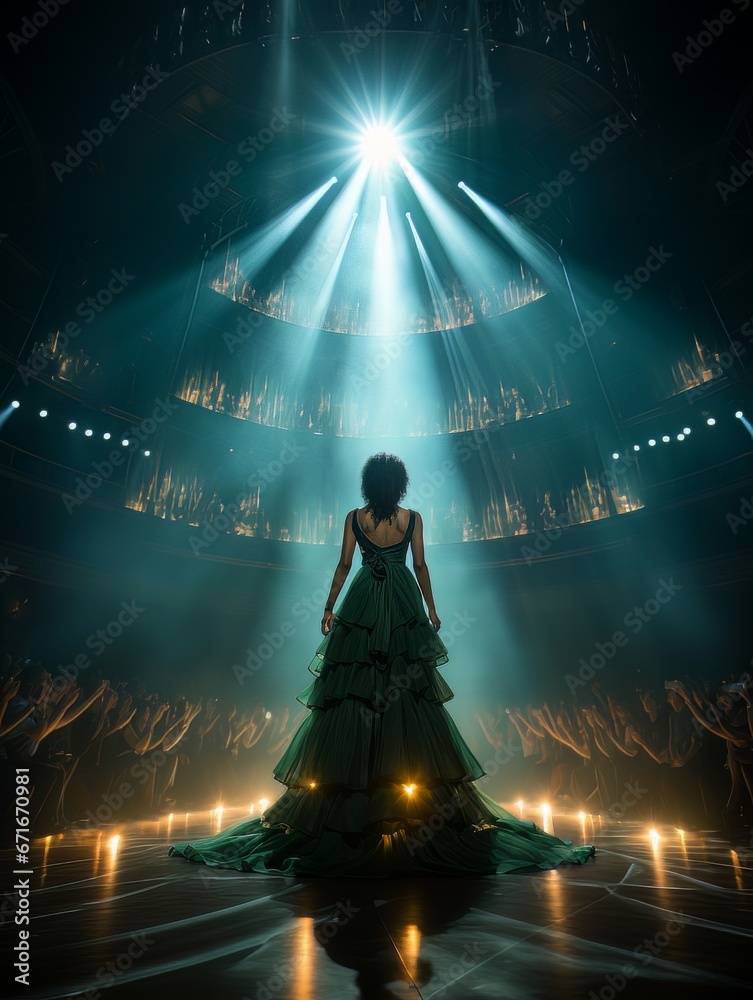 Fictional woman on stage in the spotlight with her back in the frame AI ...