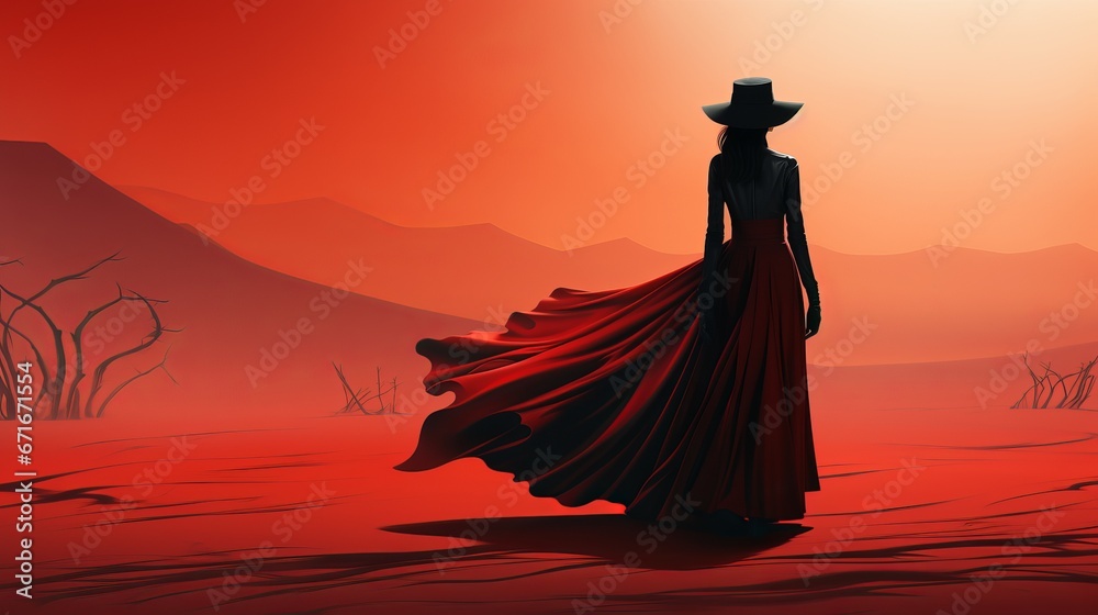Witch in a red dress, practicing magic and rituals, red background ...