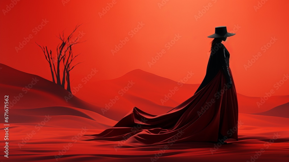 Witch in a red dress, practicing magic and rituals, red background ...