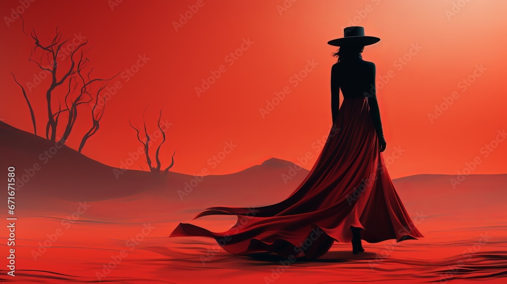 Witch in a red dress, practicing magic and rituals, red background ...