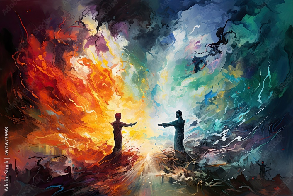 Men on fire and water background, digital painting, Inner voice as ...