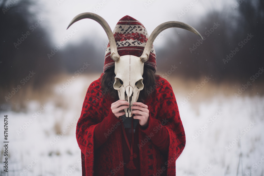 Shaman holding horn animal skull and wearing in red cloak on blurred ...