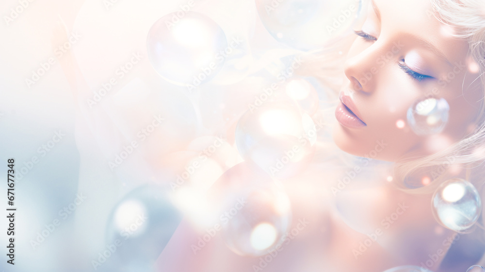 Beautiful young woman with a fair face and smooth skin. Blur background ...