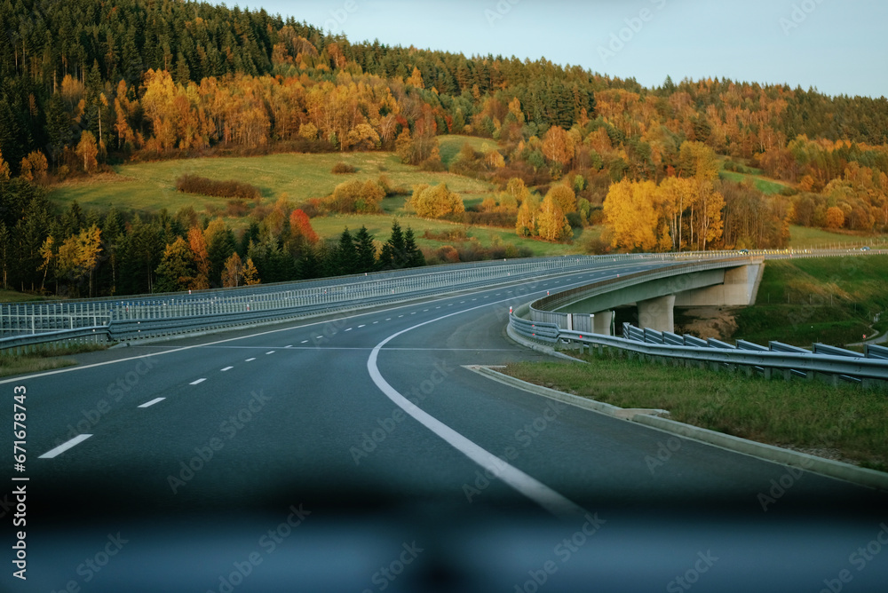 Highway view from the driver seat. Cockpit view from the car. European ...