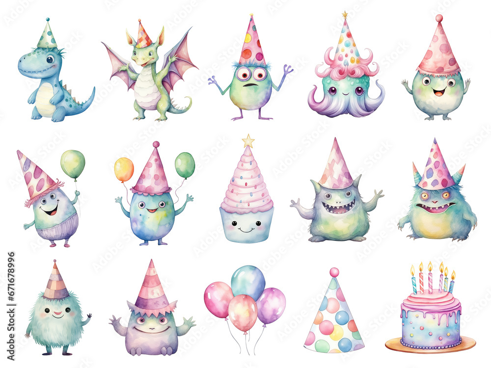 Watercolor Birthday Monsters. Set of Clipart Monsters in Birthday Theme ...