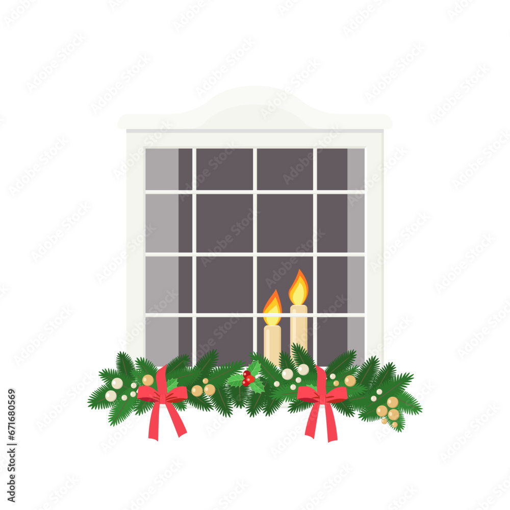 Cute window decorated with fir branches, isolated on white background ...