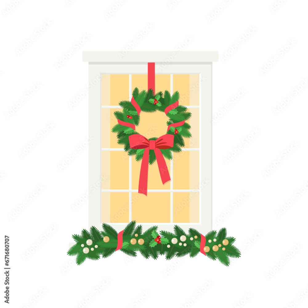 Cute window decorated with fir branches and Christmas wreath, isolated ...