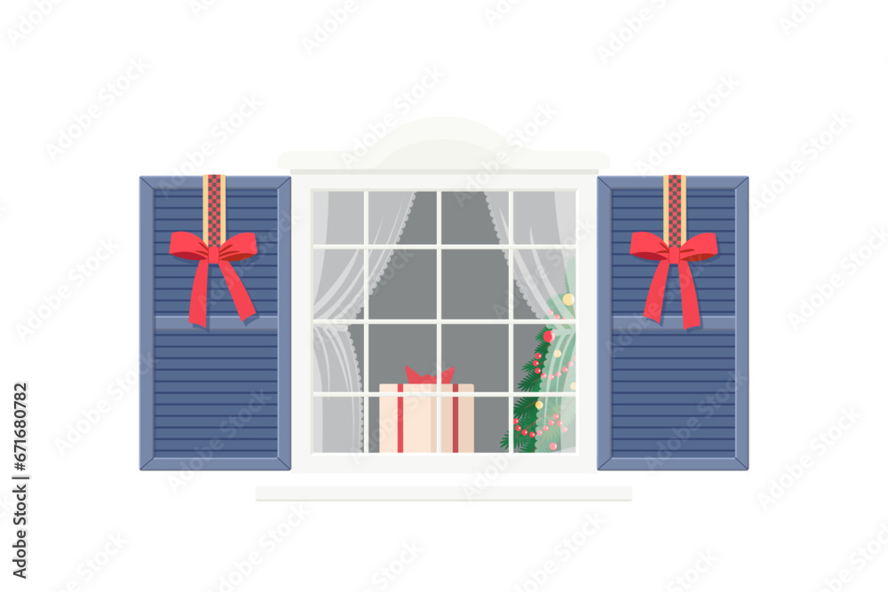 Cute window with shutters with Christmas decorations, isolated on white ...