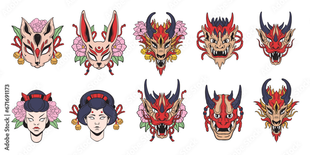 Japanese mask set, oriental okame icon, oni Japan dragon character face ...