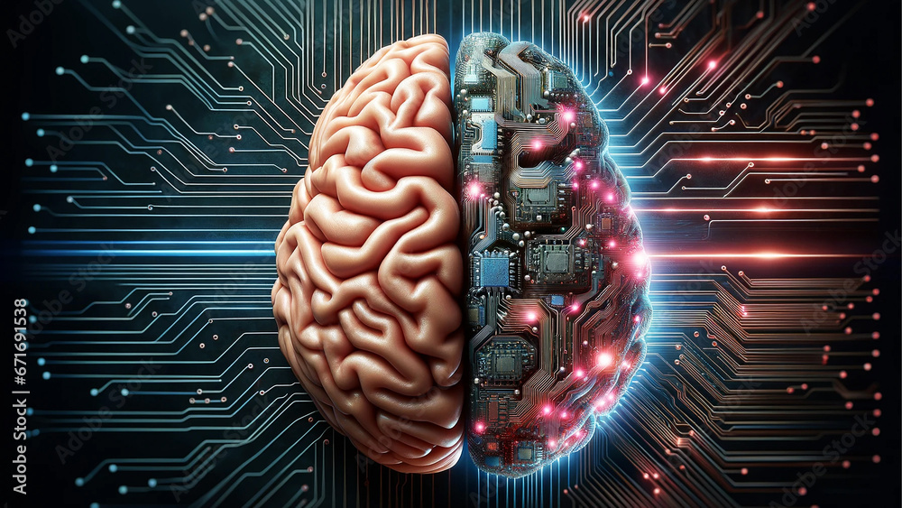 A human brain where one half appears organic, showcasing its intricate ...