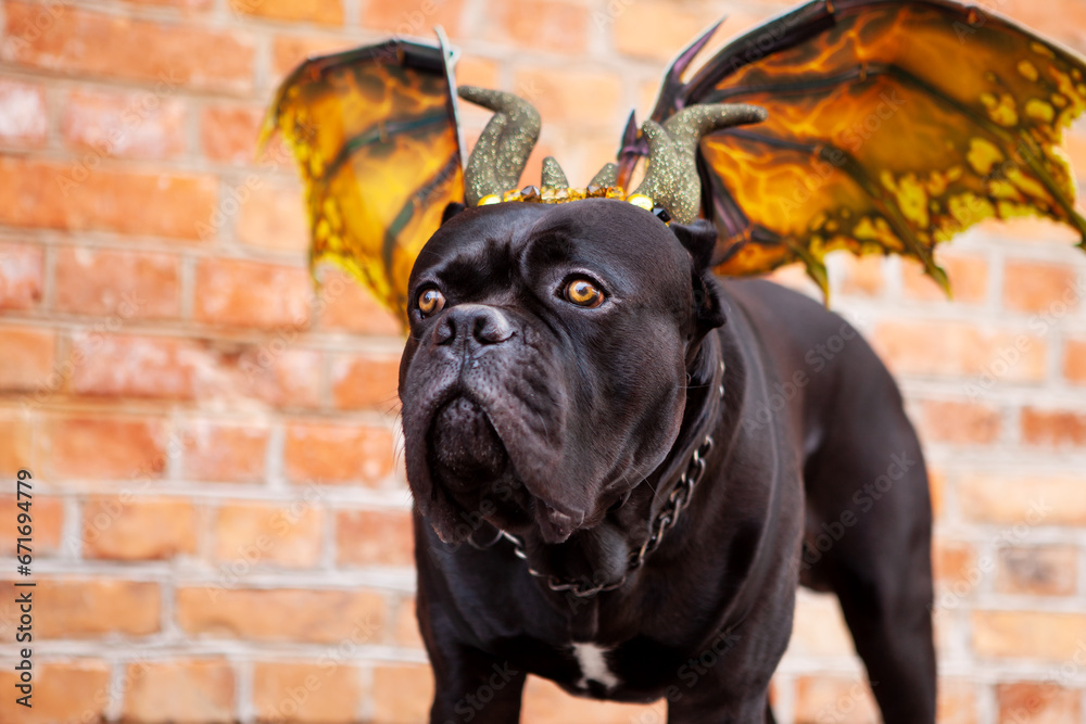 Black Cane Corso dog in a dragon costume with wings and horns on the ...