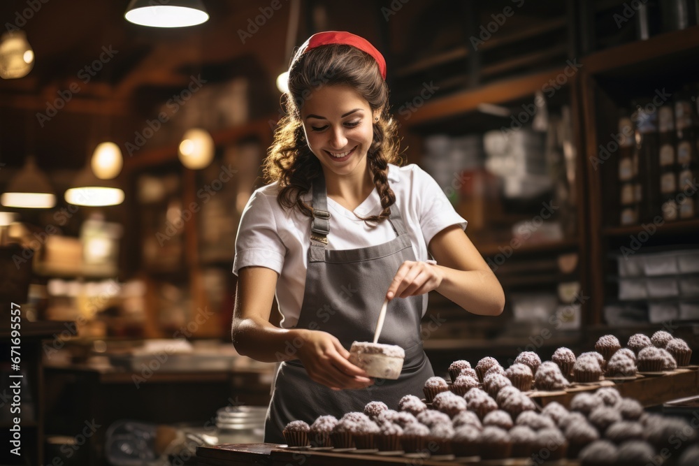 woman pastry chef wearing uniform holding a bowl preparing delicious ...
