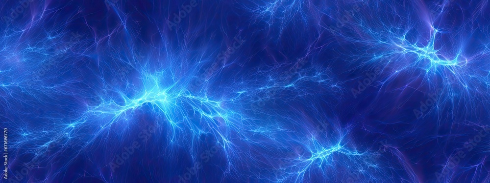 Seamless dark blue background with electric glowing lightning flares ...