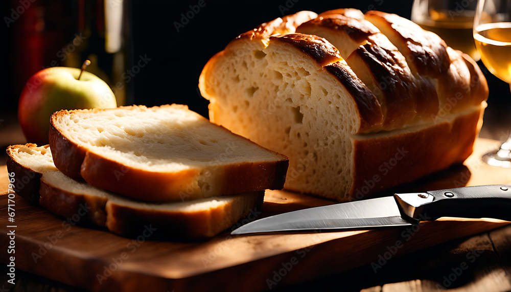 ong, golden brown loaf of bread sits on a rustic cutting board ...