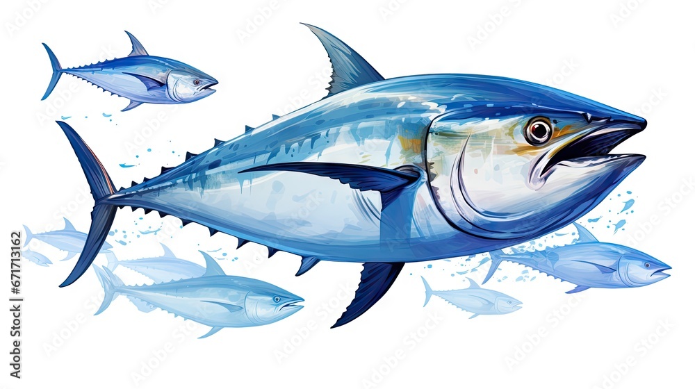 a drawing of a blue marlin fish and a group of smaller blue marlin fish ...