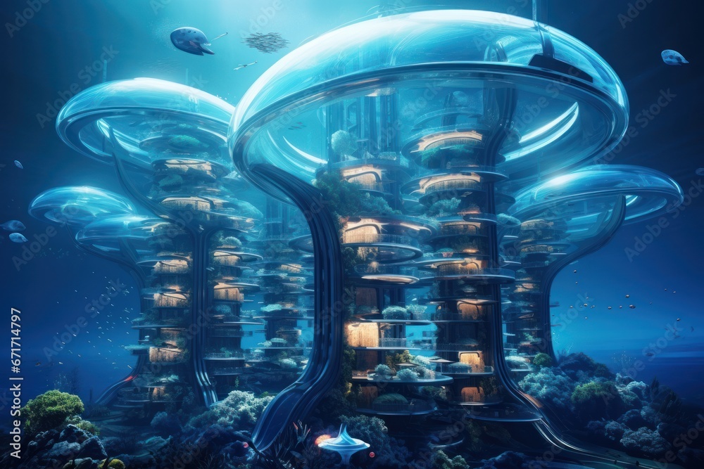 Futuristic underwater city with transparent domes and marine ...