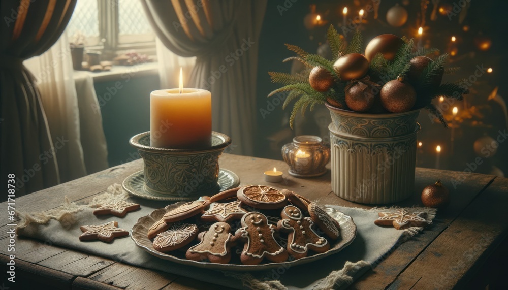 Muted color photograph of British gingerbread cookies, gently placed on ...