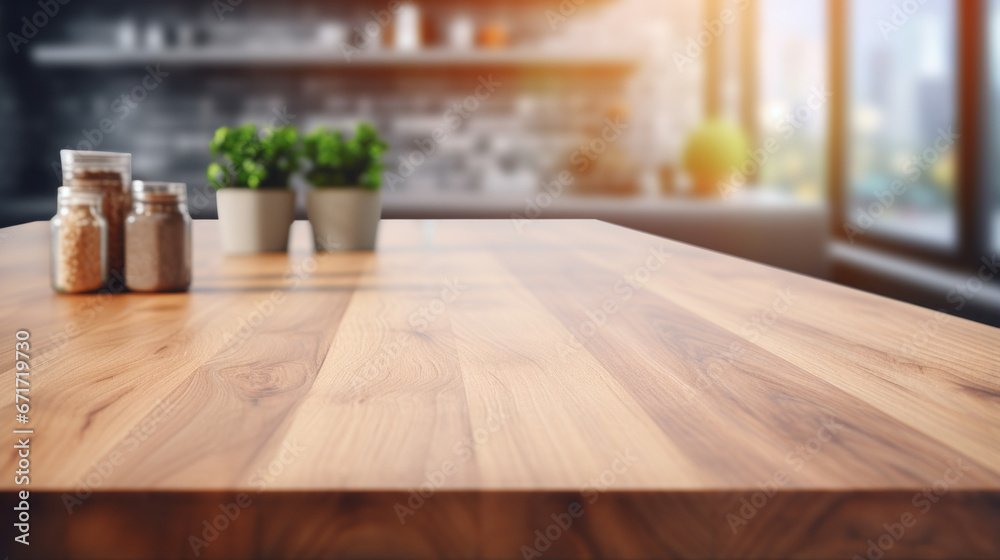 Selective focus Wood table top on blur kitchen counter background For ...