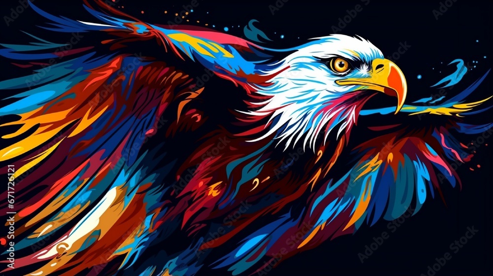 Eagle in flight, Bald. Pop art style, neon, color, abstract painting of ...