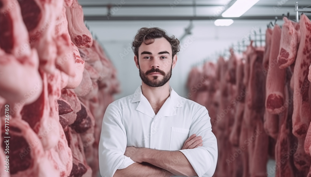 Confident butcher posing in cold room with meat Stock Photo | Adobe Stock