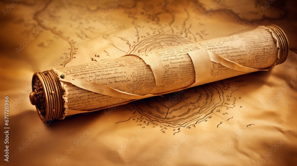 An ancient scroll made of parchment placed on a weathered old paper ...