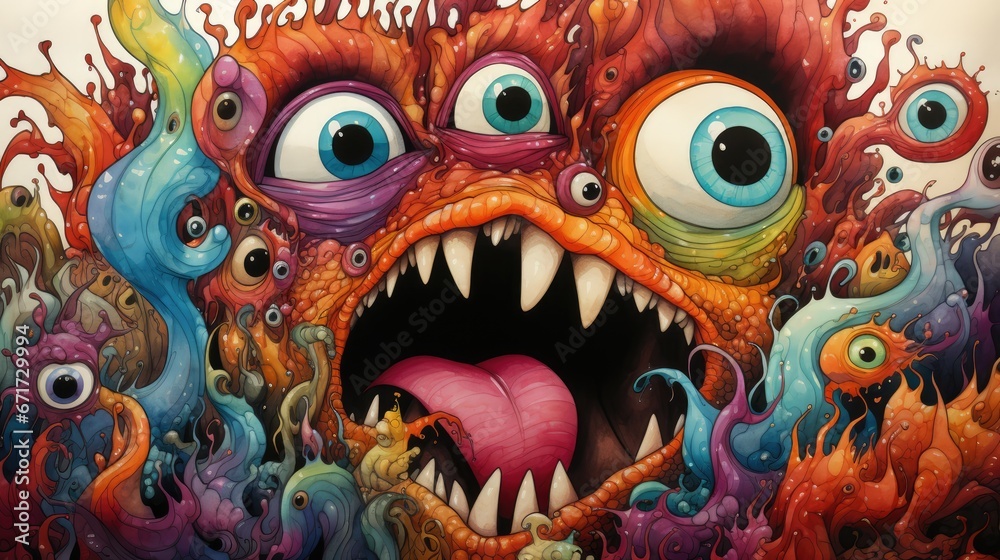 a painting of a monster with large eyes and a mouth full of googly ...