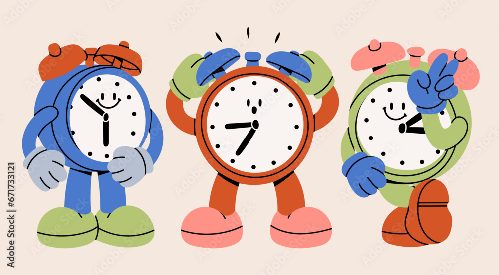Vetor de Set of three Alarm clocks. Cute funny mascot with face. Hand ...