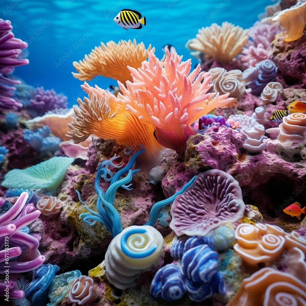 Exotic sea creatures and vibrant corals swim in a deep blue aquarium ...