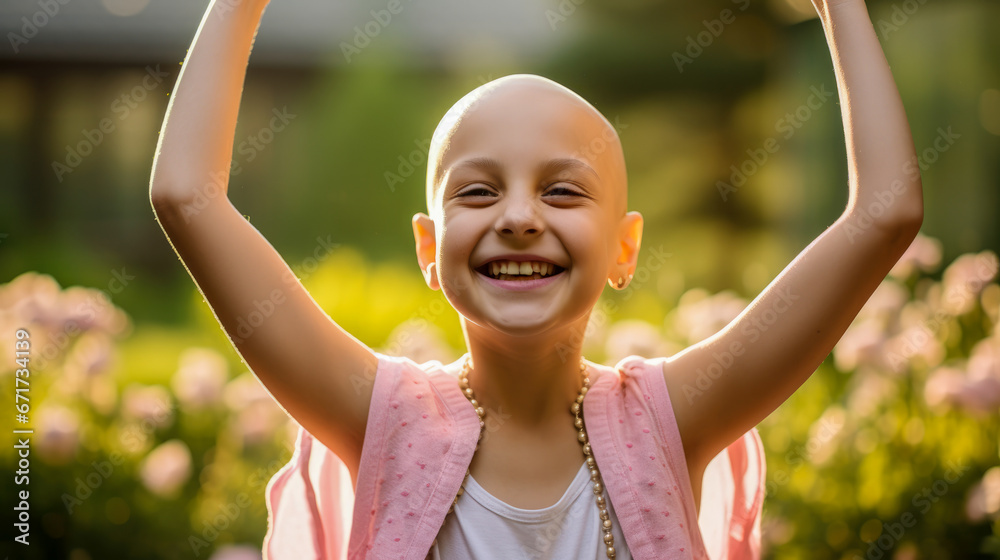 Child with shaved head in a green field. Pediatric cancer in the hands ...