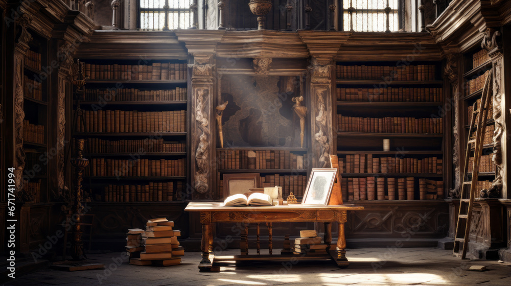 An old, musty library with crumbling bookshelves and a single, dusty ...