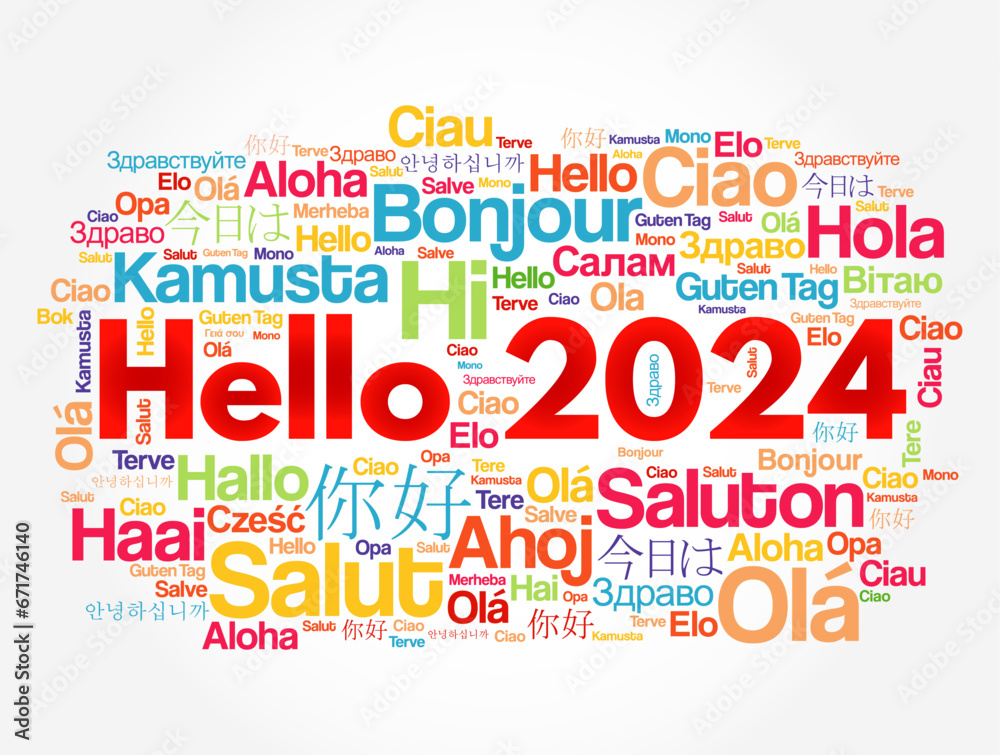 Hello 2024 word cloud in different languages of the world, concept ...