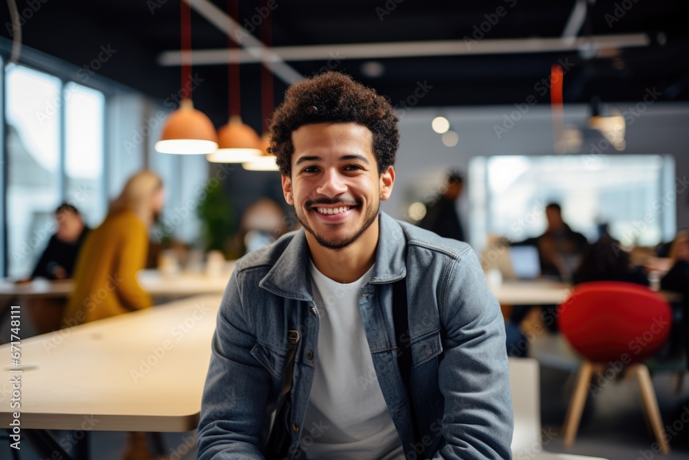 A young entrepreneur in a modern co-working space, engaged in a ...