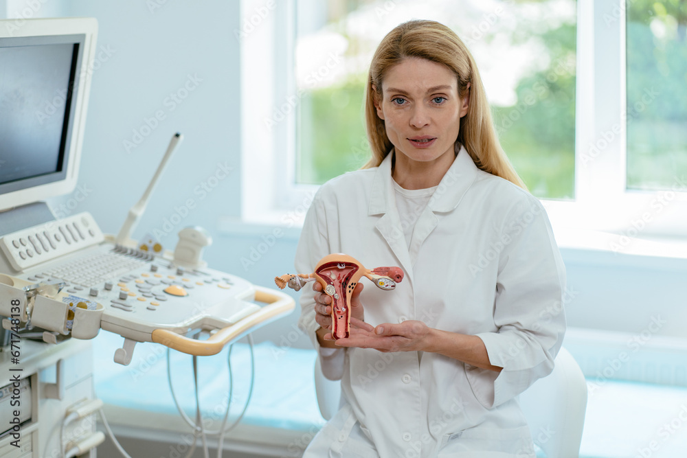 Middle age mature blond female gynecologist demonstrating model of ...