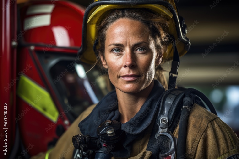 A female firefighter in her firefighting uniform, wearing a helmet and ...