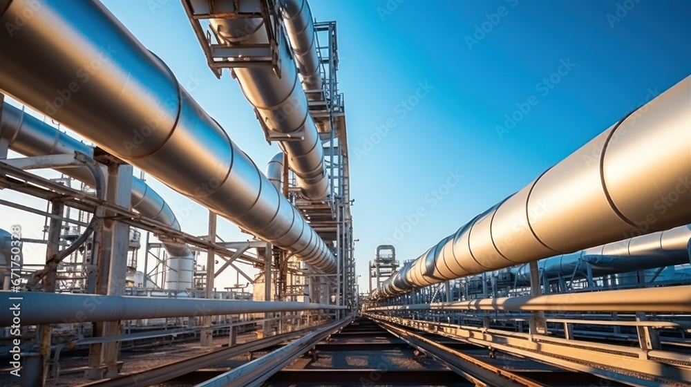 Steel Pipeline of Oil and gas plant with pipe rack. Refinery plant ...