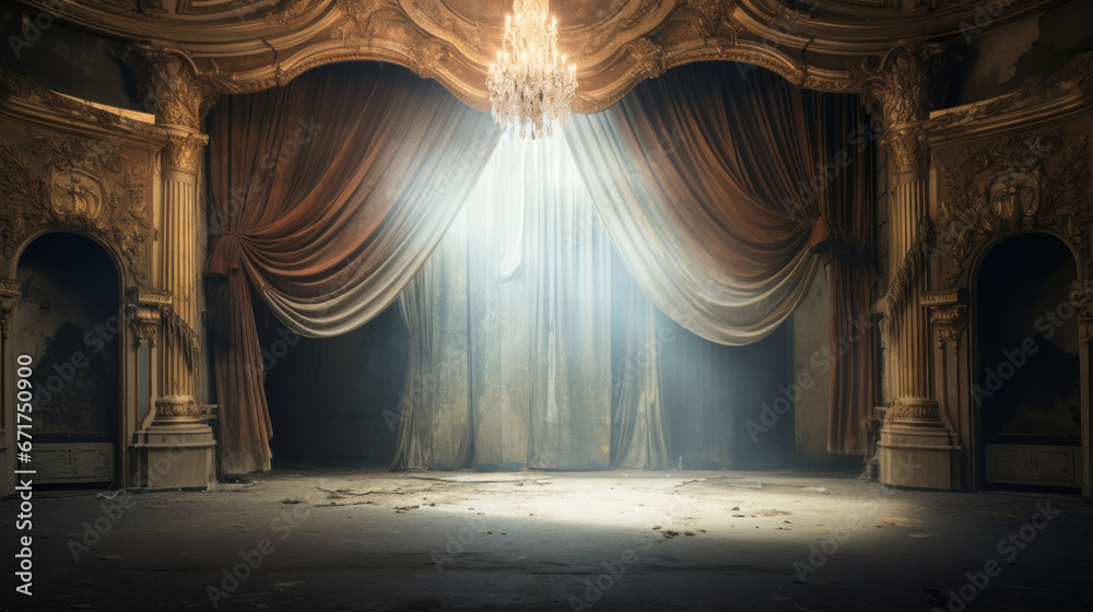 An old, abandoned theatre with faded curtains and a single spotlight ...
